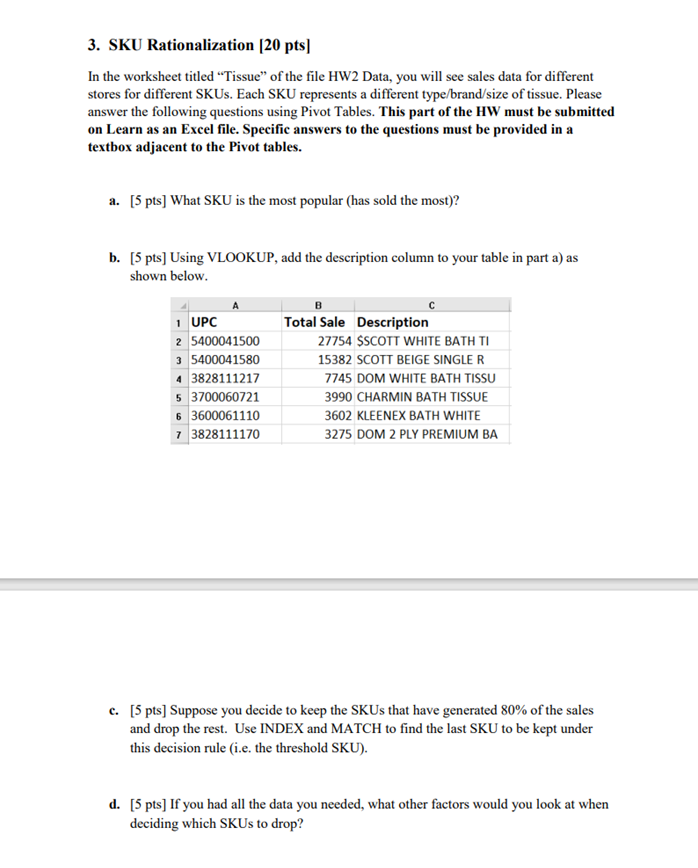 3. SKU Rationalization (20 pts] In the worksheet | Chegg.com