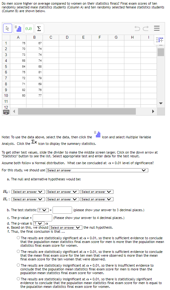 Solved Do men score higher on average compared to women on | Chegg.com