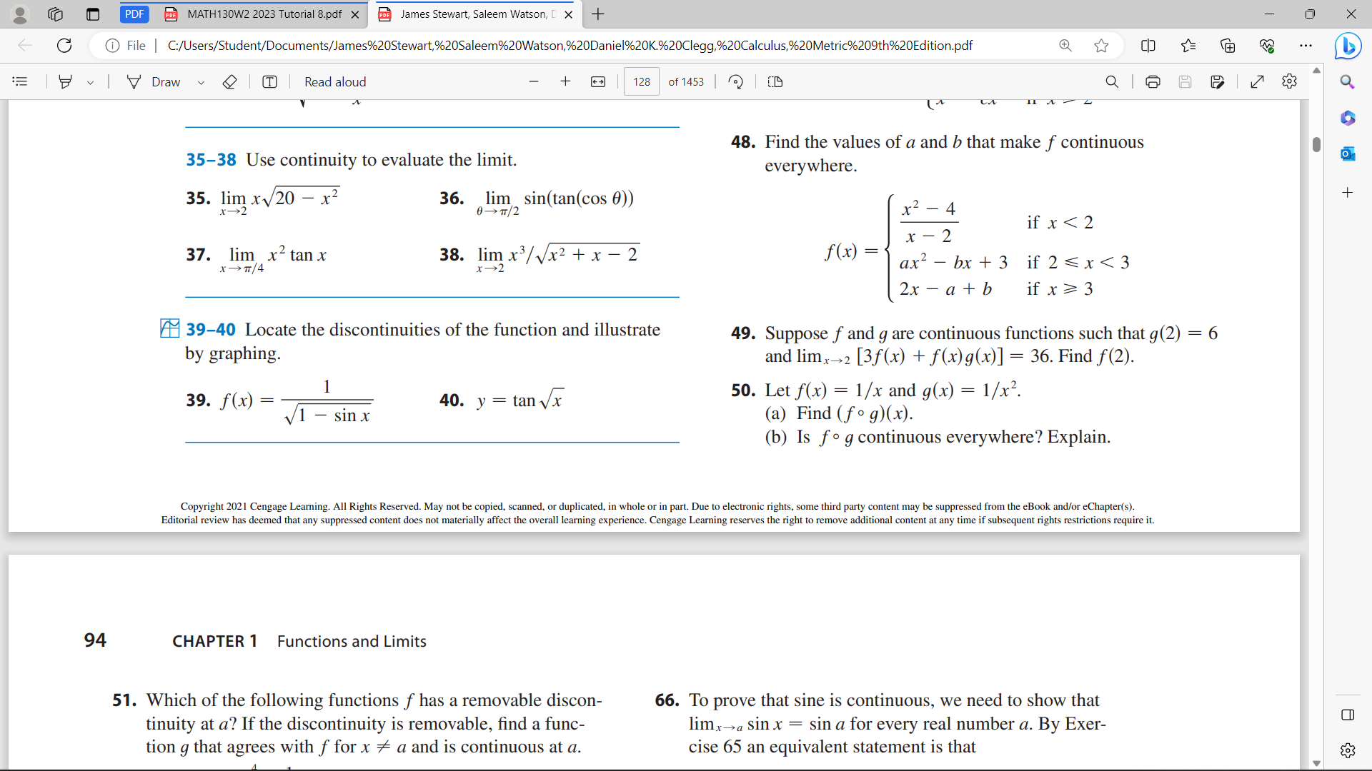 35-38 Use continuity to evaluate the limit. 35. | Chegg.com