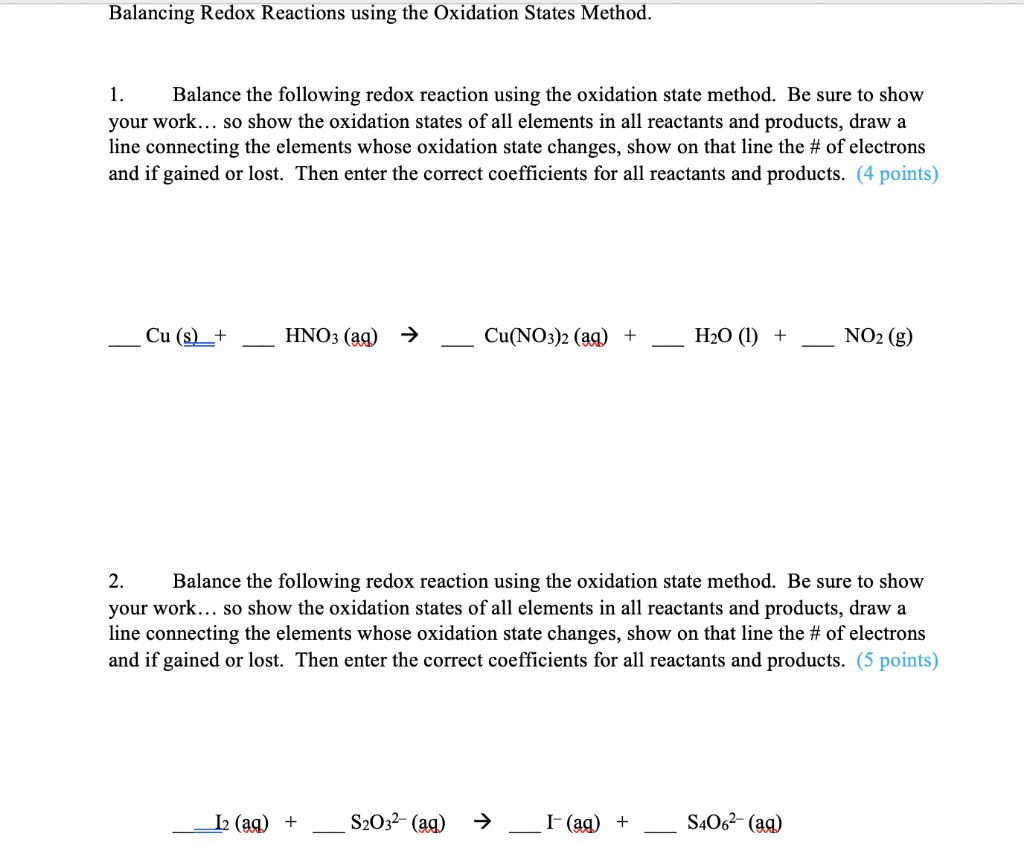 Solved Balancing Redox Reactions using the Oxidation States | Chegg.com