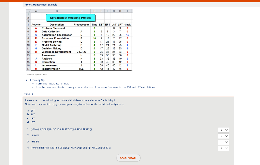 Solved Project Management Example A D E F G G H 1 1 2 | Chegg.com