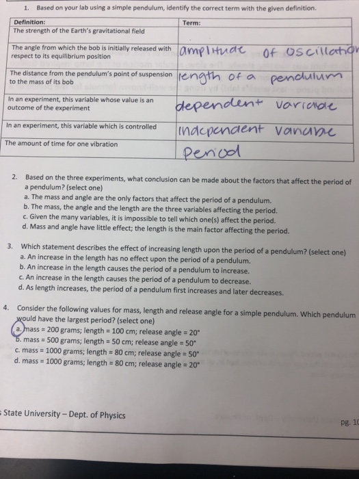 Solved Phys 1110 Pendulum lab 5. What effect does the mass | Chegg.com