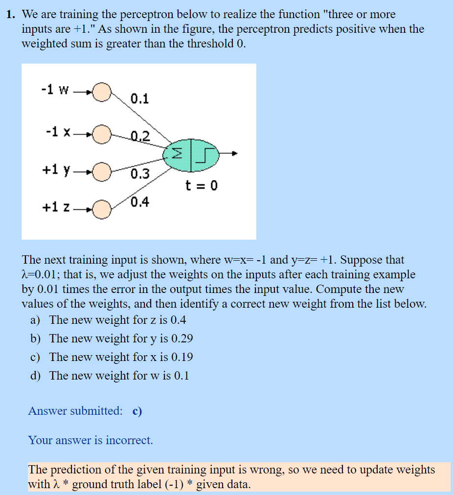Solved 1. We are training the perceptron below to realize | Chegg.com