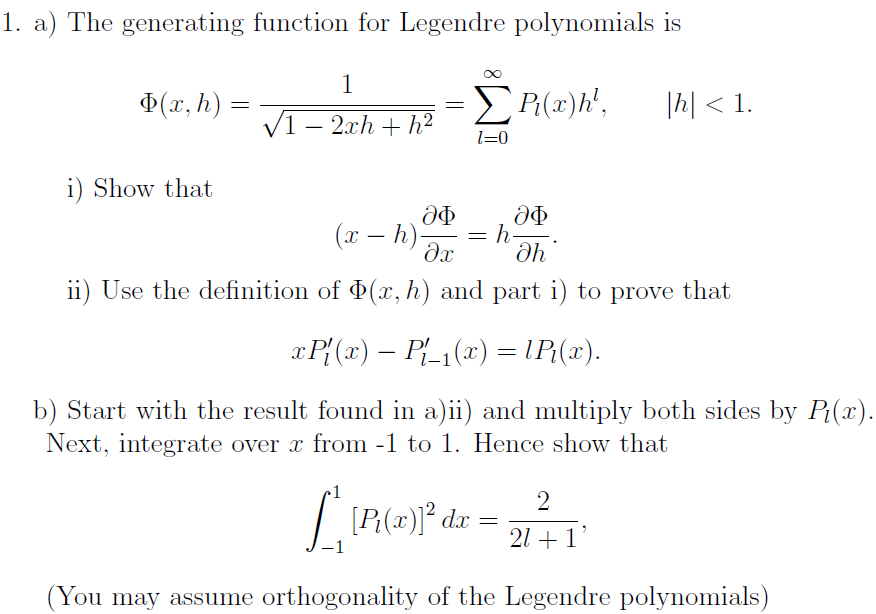 Solved 1. a) The generating function for Legendre | Chegg.com
