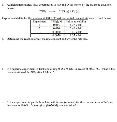 Solved 1. At high temperatures, NO2 decomposes to NO and O2 | Chegg.com