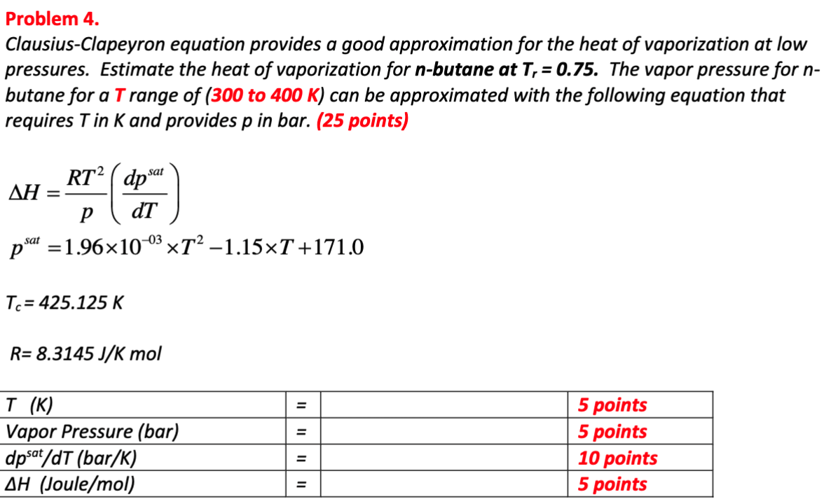 Solved Problem 4. Clausius-Clapeyron equation provides a | Chegg.com