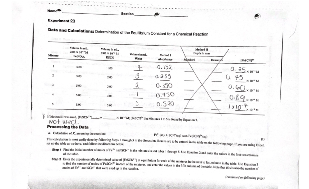 Nam Section Experiment 23 Data and Calculations: | Chegg.com