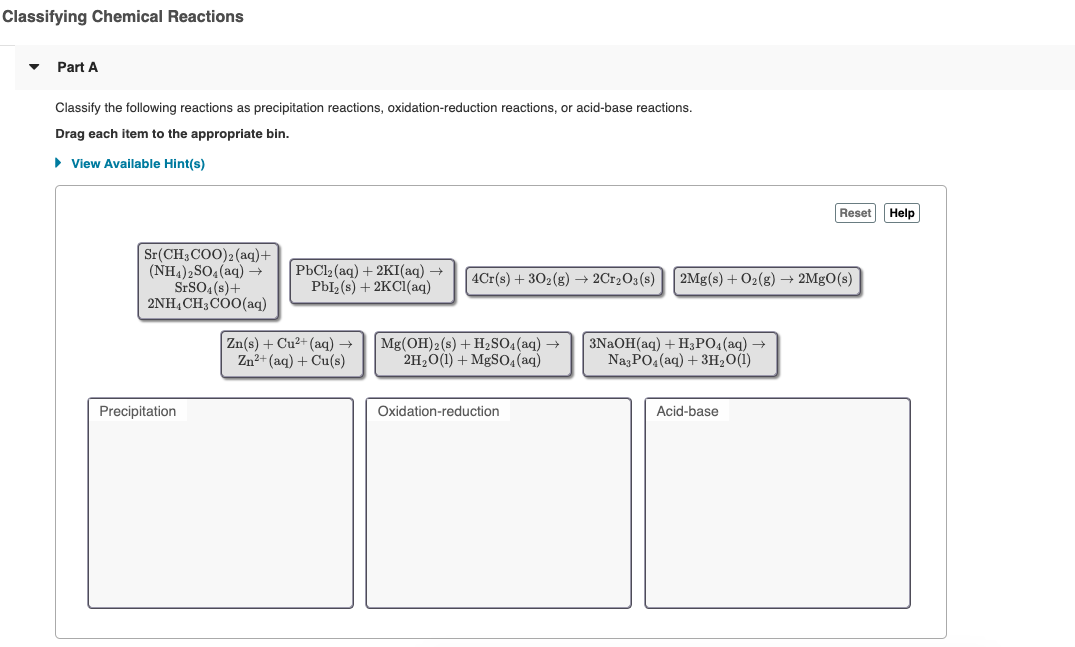 Solved Classifying Chemical Reactions Part A Classify The