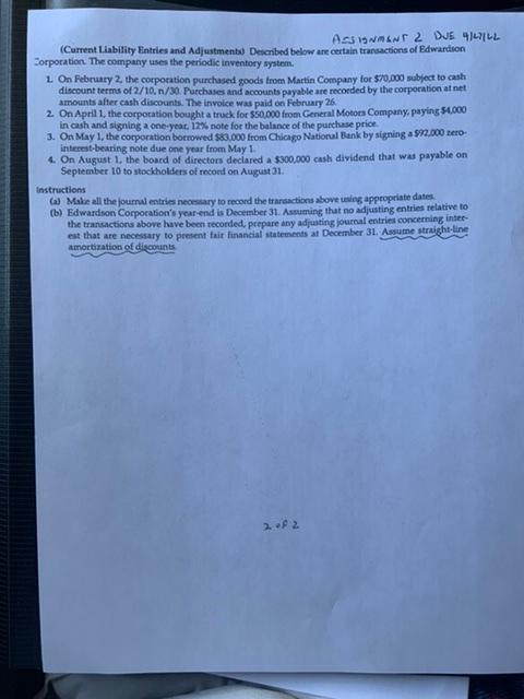 Solved ASSIGNMENT 2 DUE 41LYILL (Current Liability Entries | Chegg.com