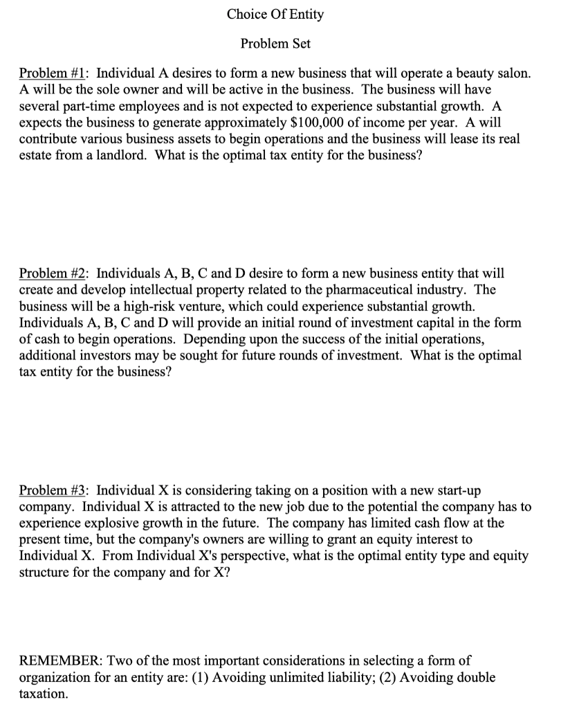 Solved Choice Of Entity Problem Set Problem #1: Individual A | Chegg.com