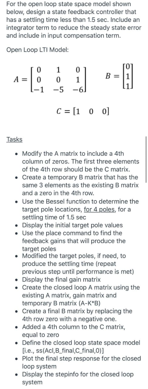 For the open loop state space model shown below, | Chegg.com