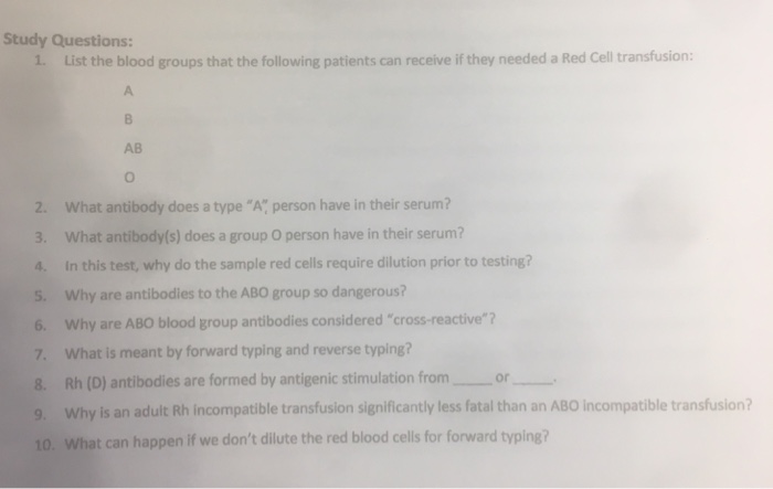 Solved Study Questions: 1. List the blood groups that the | Chegg.com