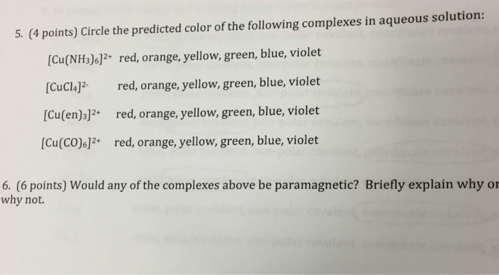 Solved Circle the predicted color of the following complexes | Chegg.com