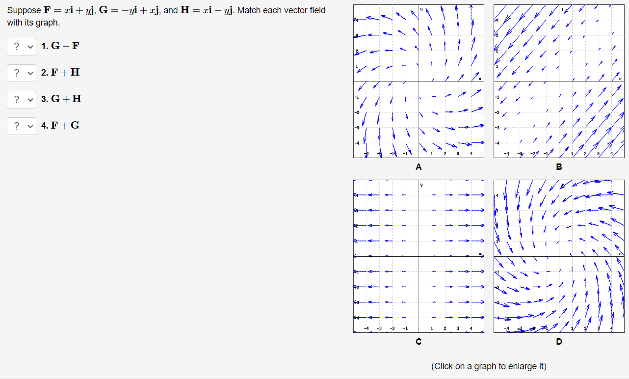 Solved Suppose F=xi+yj,G=−yi+xj, and H=xi−yj. Match each | Chegg.com