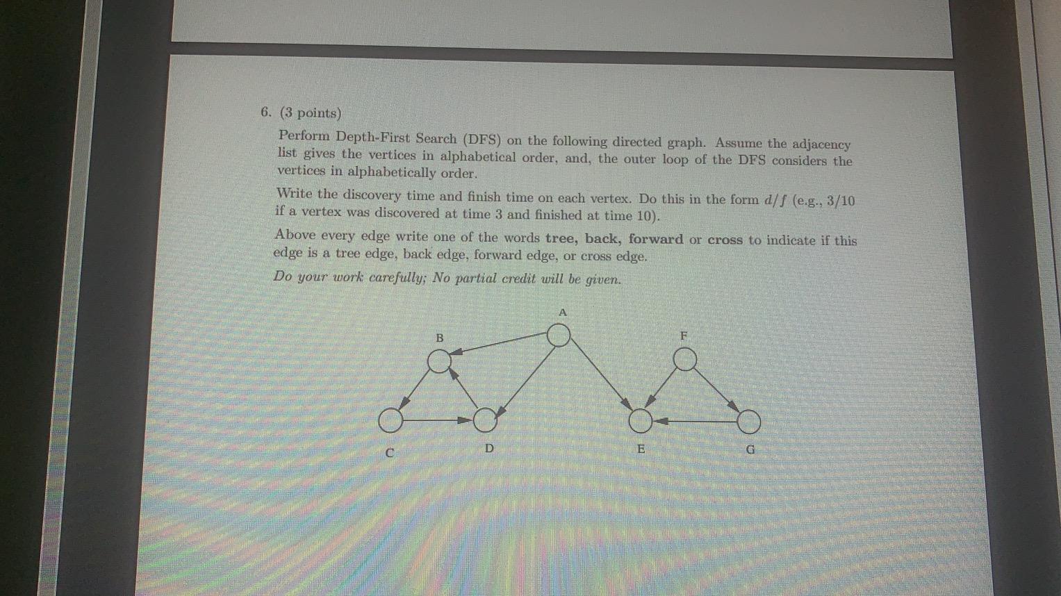 Solved 6. (3 points) Perform Depth-First Search (DFS) on the | Chegg.com