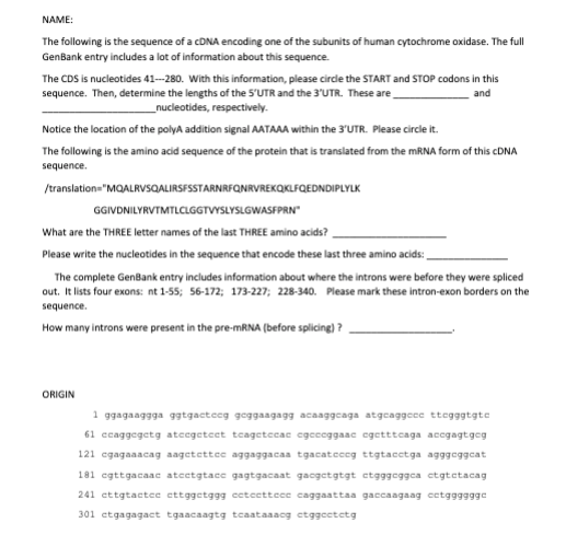 Solved NAME:The following is the sequence of a cDNA encoding | Chegg.com