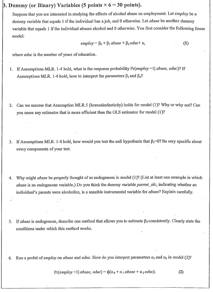 13. Dummy (or Binary) Variables (5 points x 6-30 | Chegg.com