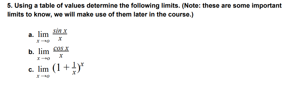 Solved 5. Using a table of values determine the following | Chegg.com