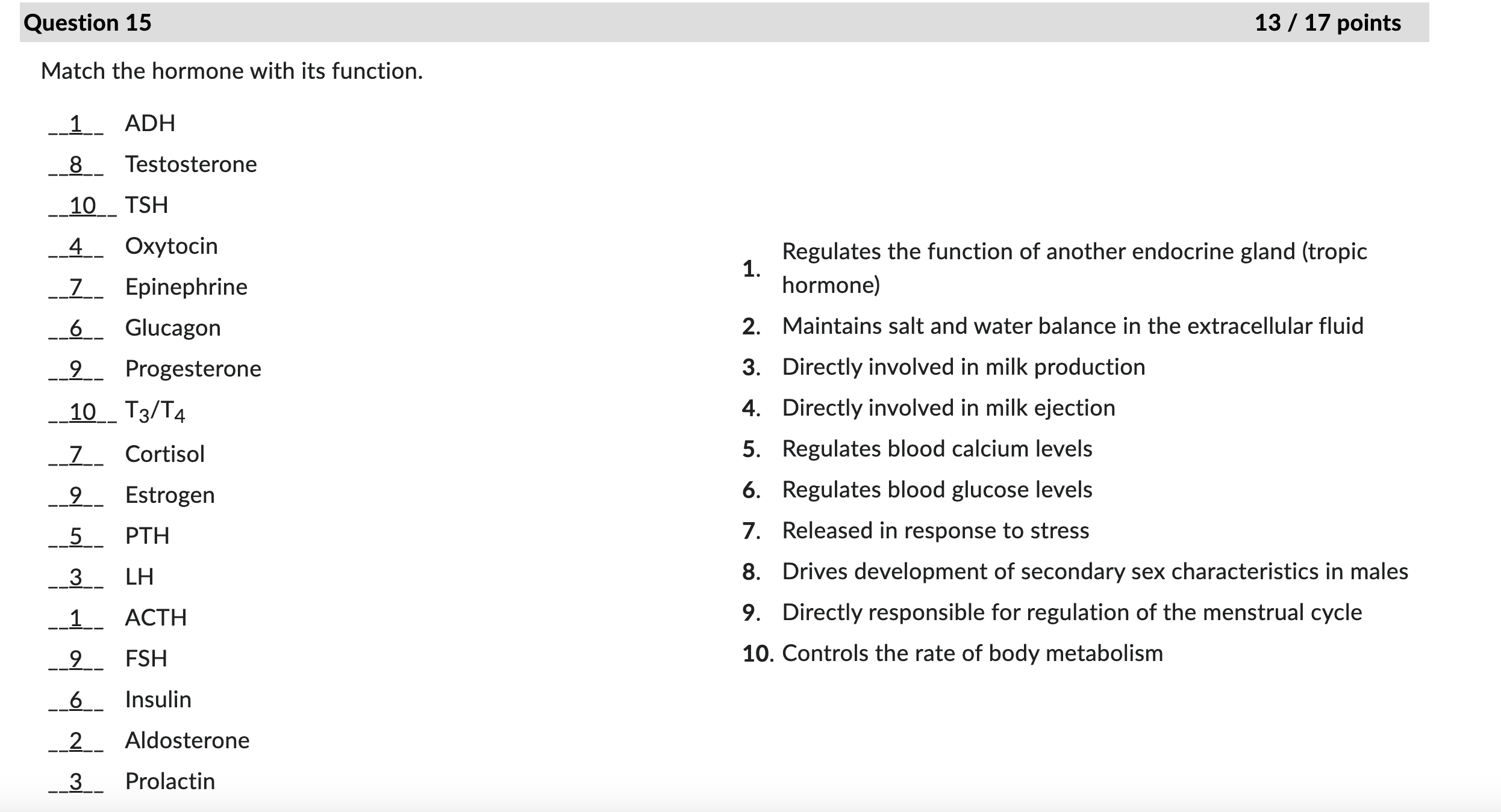 Solved Match the hormone with its function. -_1_- ADH ___- | Chegg.com