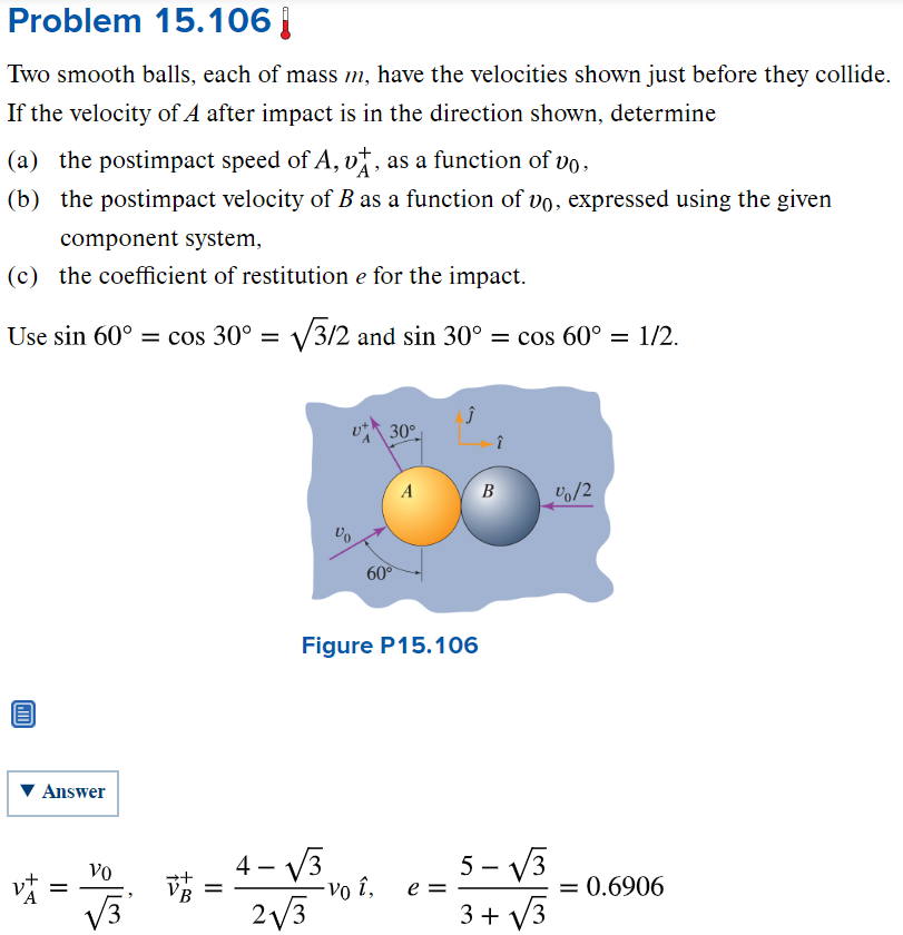 Solved Two smooth balls each of ﻿mass m ﻿have the velocities | Chegg.com
