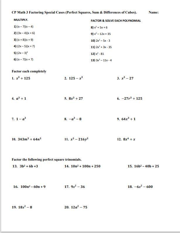 Solved Name: CP Math 3 Factoring Special Cases (Perfeet | Chegg.com