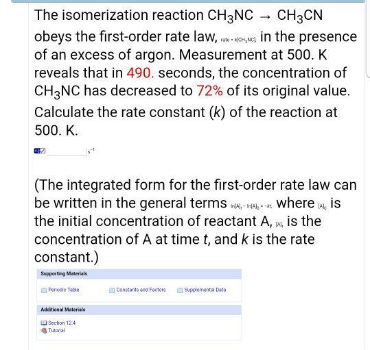 Solved The isomerization reaction CH3NC CH3CN obeys the | Chegg.com