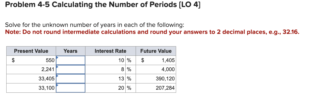 Solved Problem 4-5 Calculating the Number of Periods [LO 4] | Chegg.com