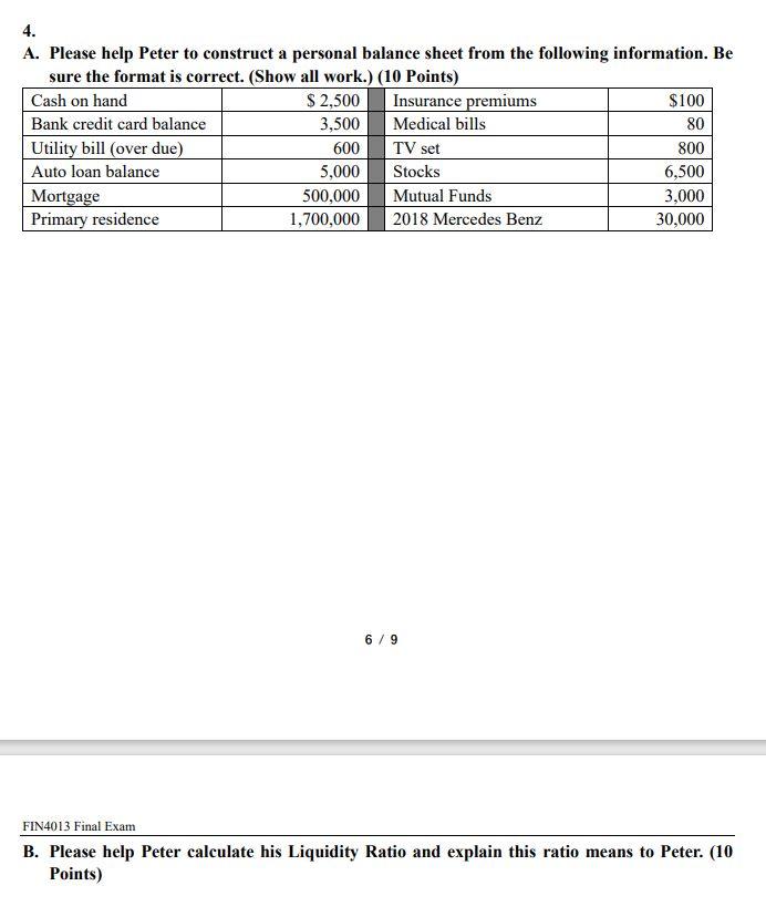 Solved 4. A. Please help Peter to construct a personal | Chegg.com