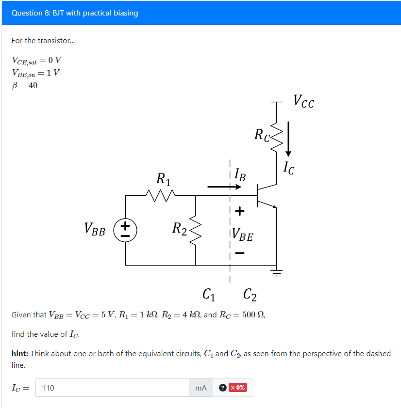 Solved Question 8: BJT with practical biasing For the | Chegg.com