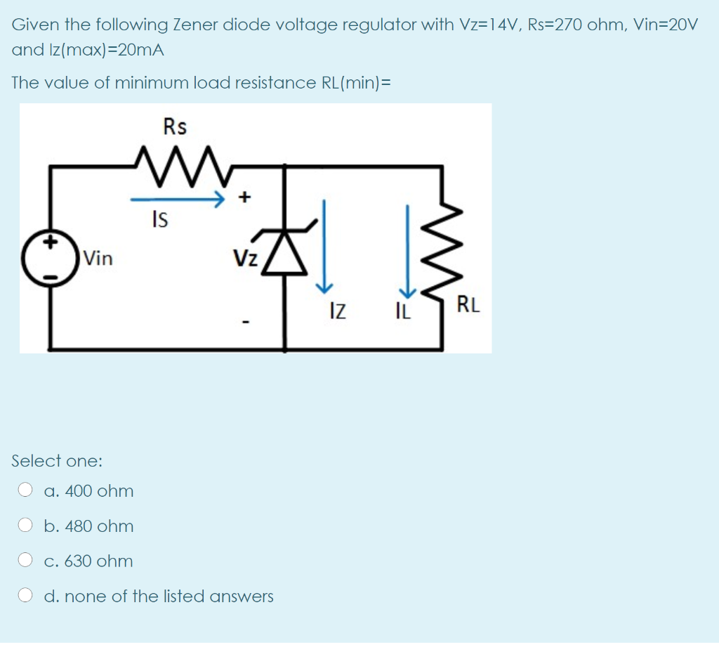 Solved Given the following Zener diode voltage regulator | Chegg.com