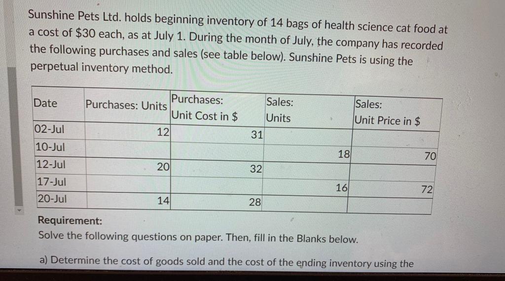 Sunshine Pets Ltd. holds beginning inventory of 14 | Chegg.com