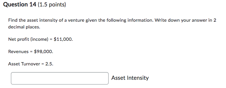 Solved Find the asset intensity of a venture given the | Chegg.com
