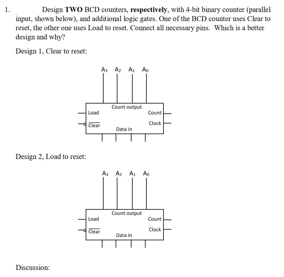 Solved 1. Design TWO BCD counters, respectively, with 4-bit | Chegg.com