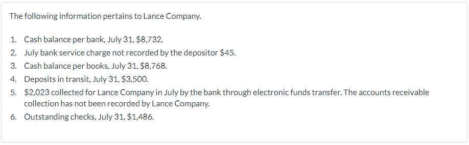 Solved The following information pertains to Lance Company. | Chegg.com