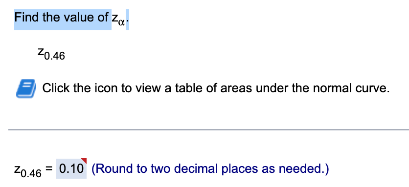 Solved Z0.46 Click the icon to view a table of areas under | Chegg.com