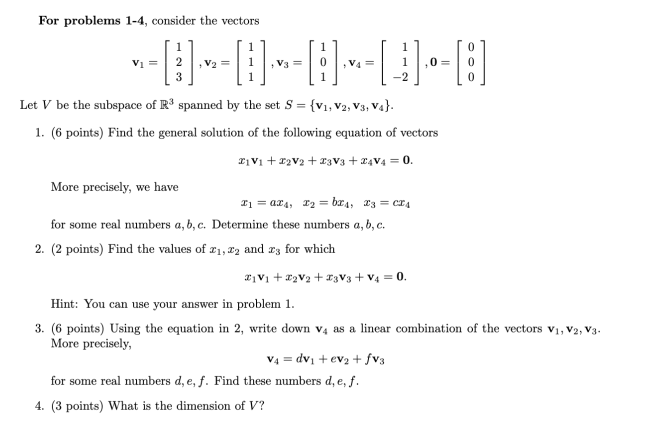 Solved For problems 1-4, consider the vectors | Chegg.com