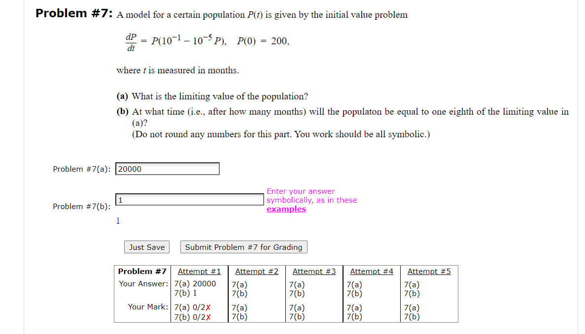 Solved Problem #7: A model for a certain population P(t) is | Chegg.com