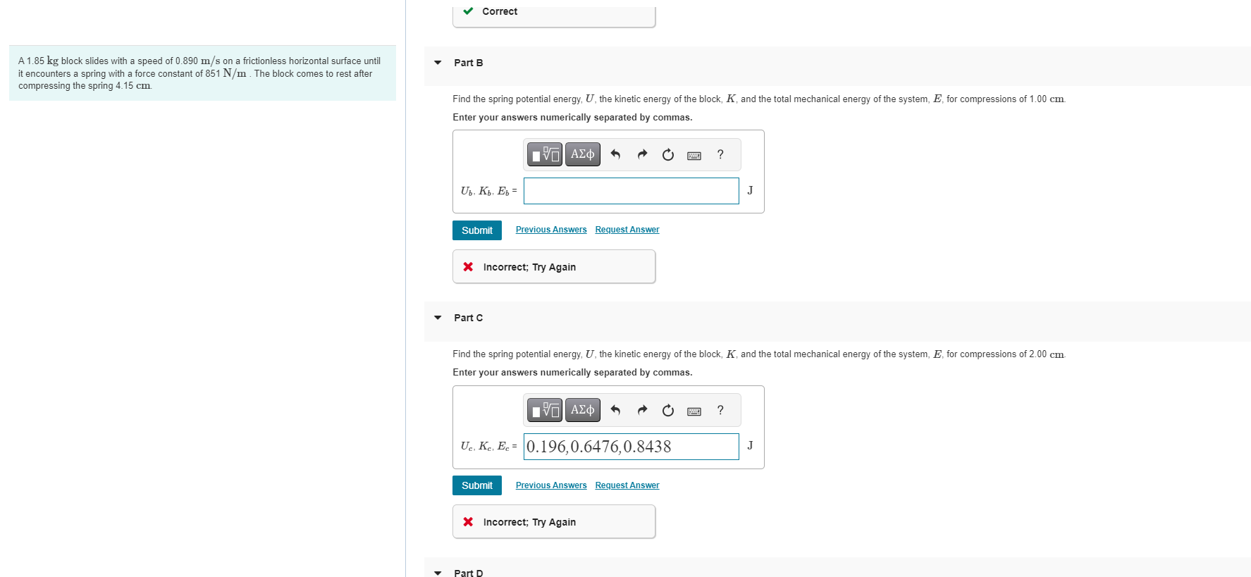 Solved A 1.85 kg block slides with a speed of 0.890 m/s on a | Chegg.com