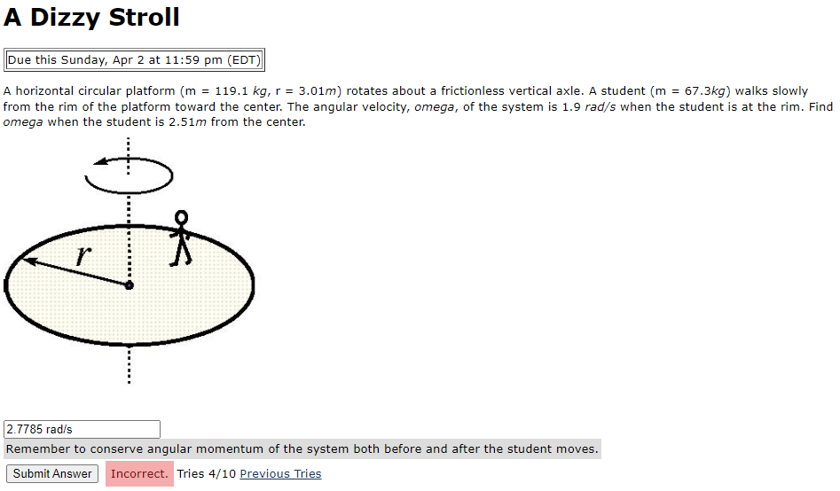 A horizontal circular platform (m=119.1 kg,r=3.01 m) | Chegg.com