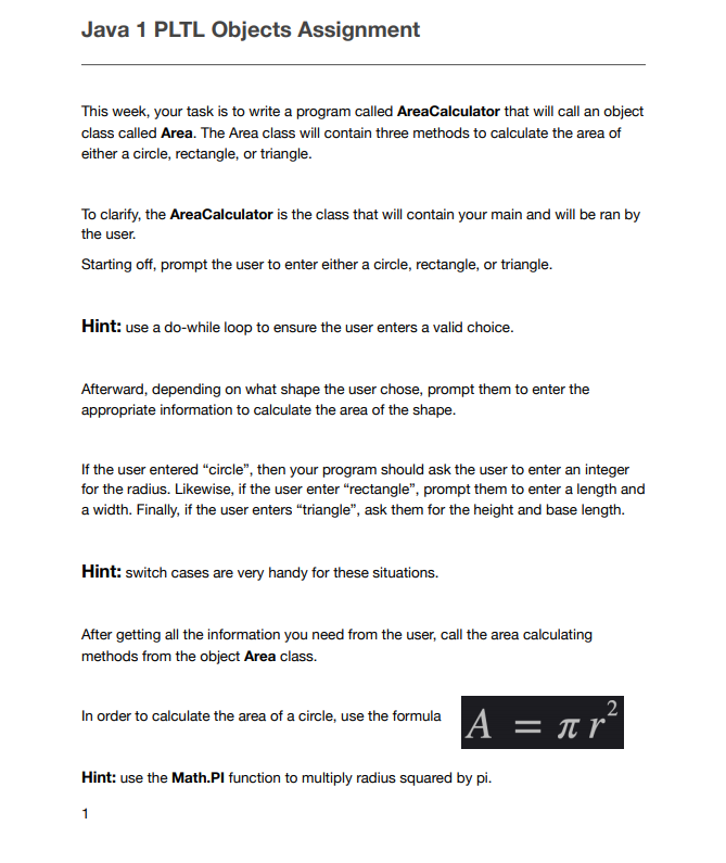 Solved Write a program called AreaCalculator that will call | Chegg.com
