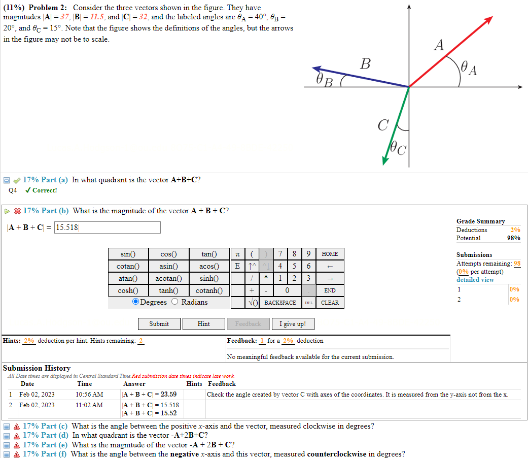 Solved (11\%) Problem 2: Consider the three vectors shown in | Chegg.com
