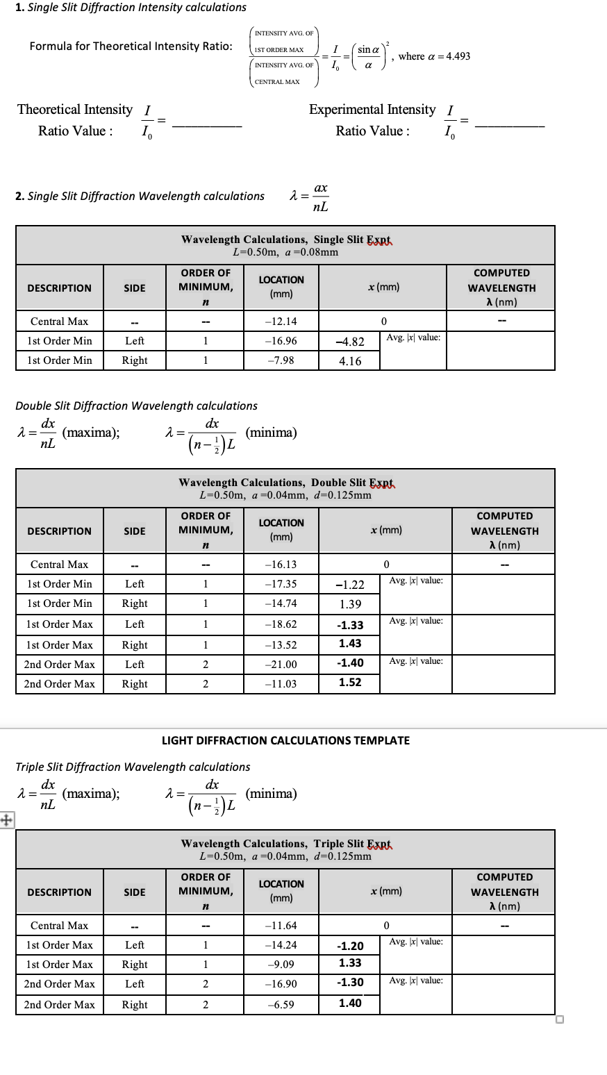 Solved 1. Single Slit Diffraction Intensity calculations | Chegg.com