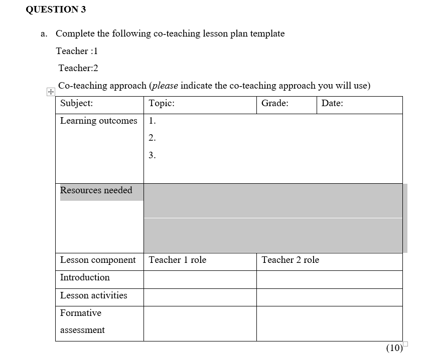 Solved a. Complete the following co-teaching lesson plan | Chegg.com