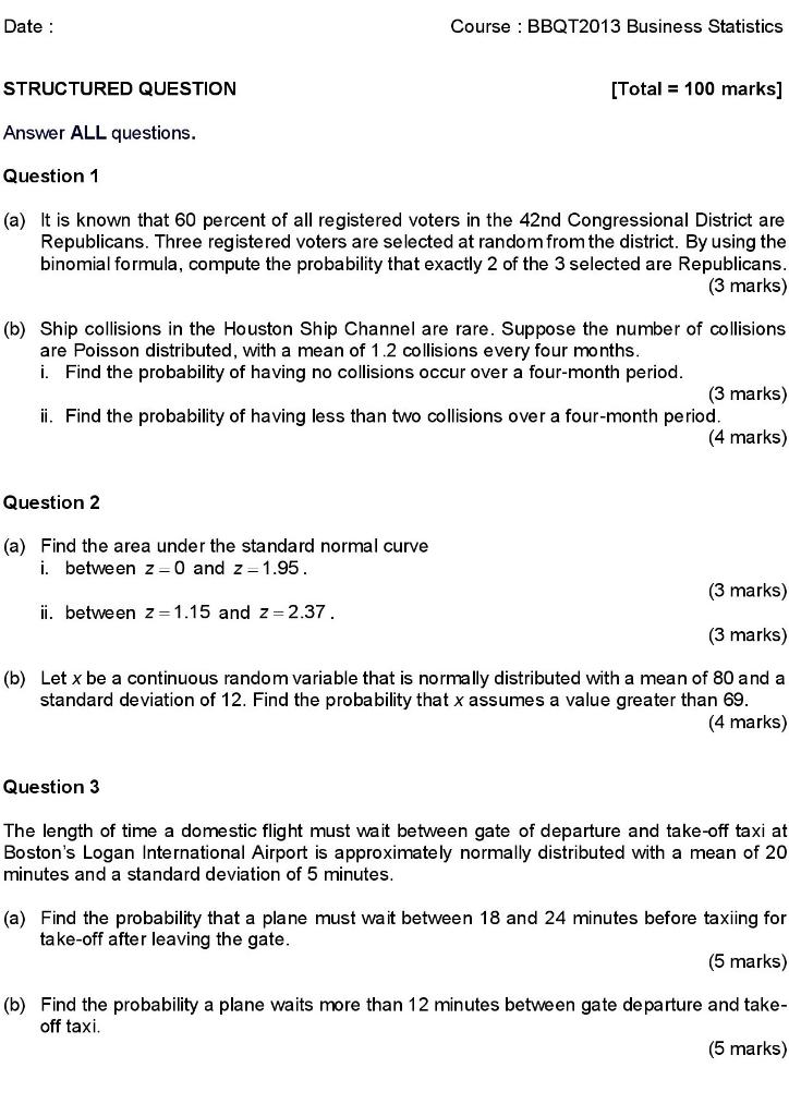Solved Date : Course BBQT2013 Business Statistics STRUCTURED | Chegg.com