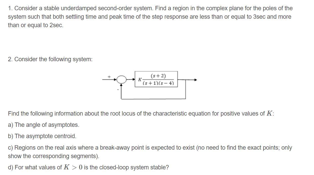 Solved 1. Consider a stable underdamped second-order system. | Chegg.com