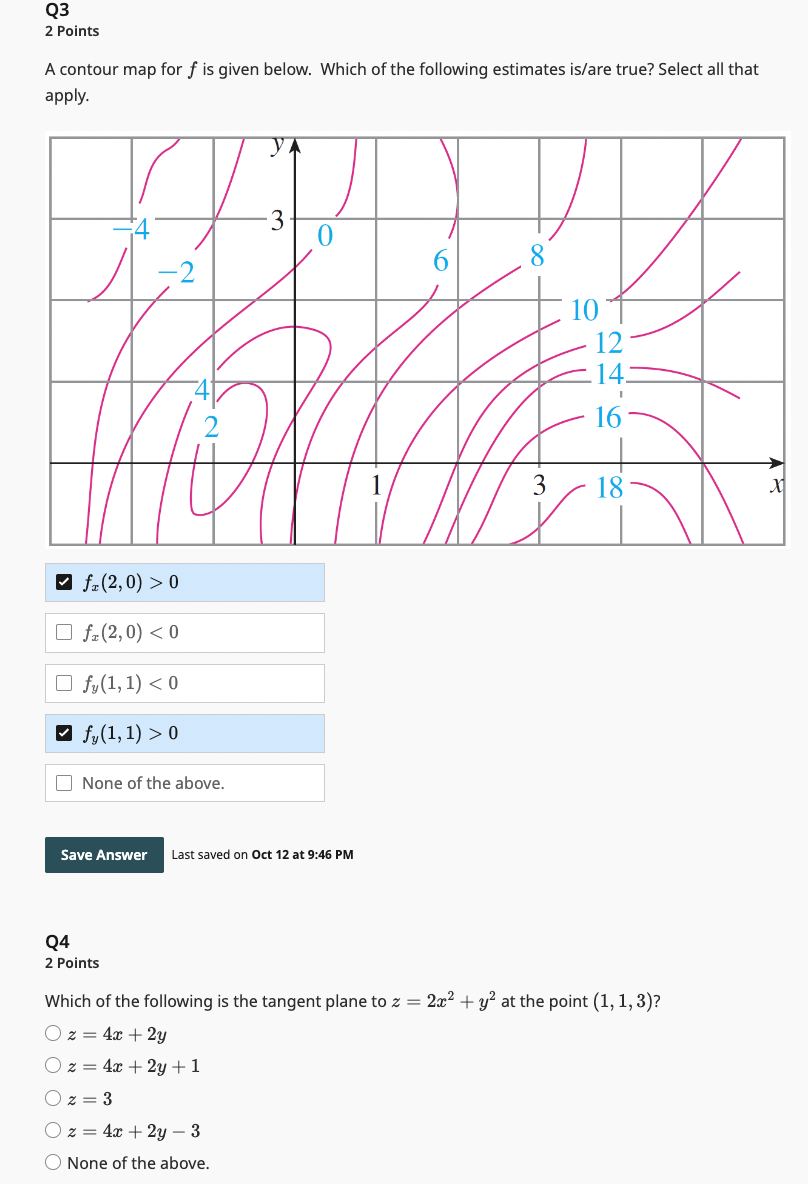 Solved Q3 2 Points A contour map for f is given below. Which | Chegg.com