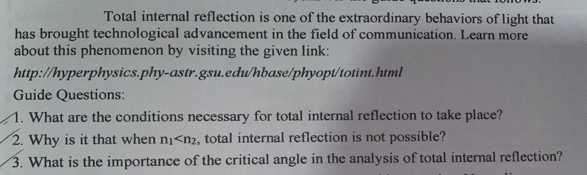 Solved Total internal reflection is one of the extraordinary | Chegg.com