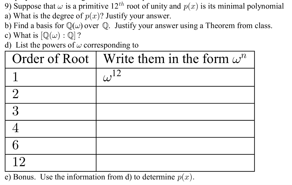 Solved 9) Suppose that w is a primitive 12th root of unity | Chegg.com