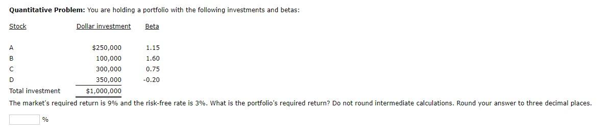 Solved Quantitative Problem: You are holding a portfolio | Chegg.com