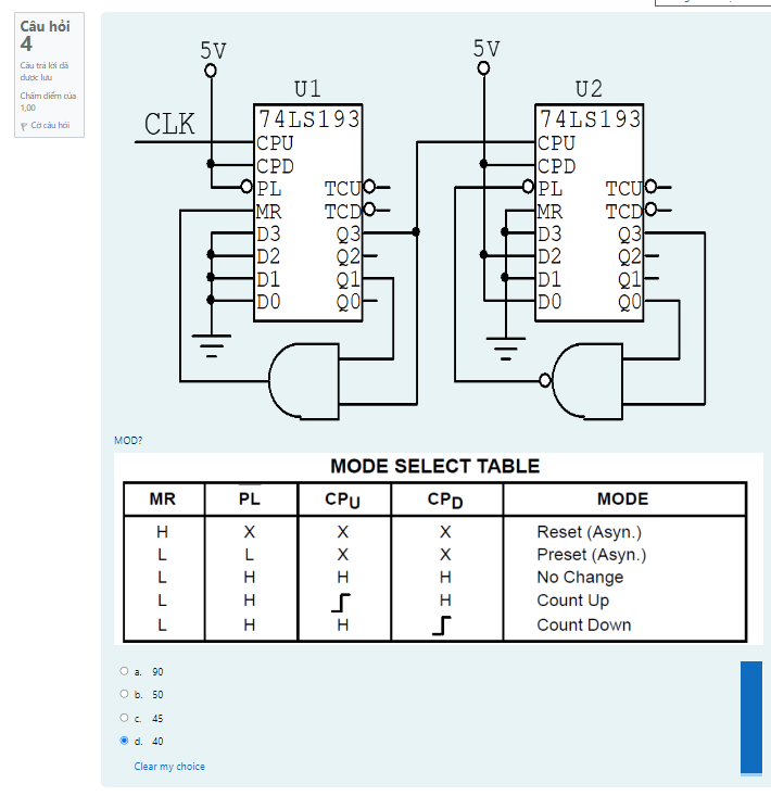 Solved MOD?MODE SELECT TABLEa. 90b. 50c. 45d. 40Clear my | Chegg.com